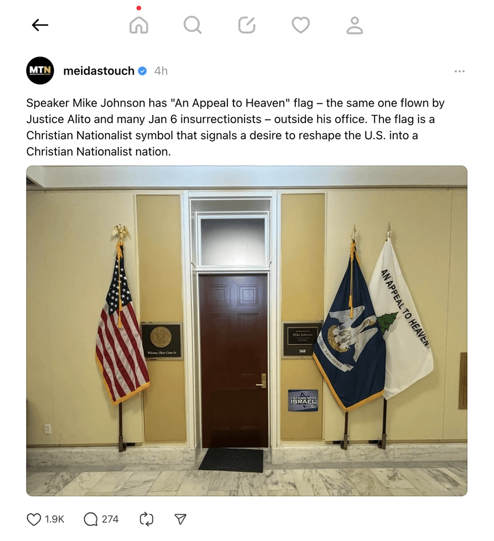 Mike Johnson flies Christian nationalist flag in D.C. | Advocate.com