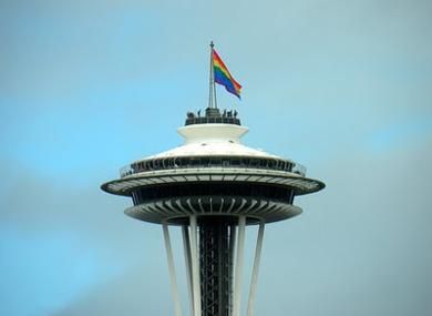 Seattle Space Needle Flies Pride Flag